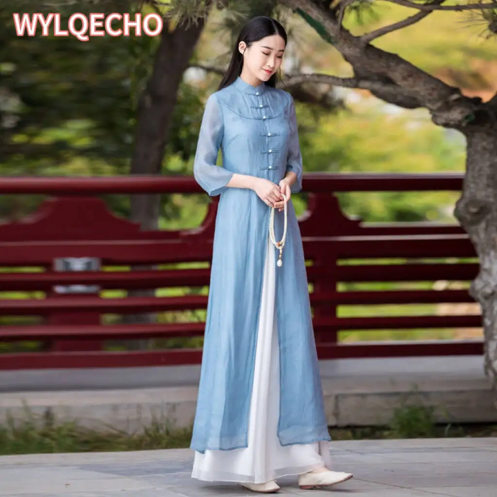 Blue-Chinese-Style-Dress-Cheongsam-Women-Modern-Improve-Eleganti-Long ...