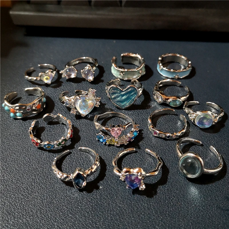 Kpop-Fashion-Y2K-Crystal-Heart-Adjustable-Ring-Irregular-Geometry-Punk-Vintage-Rings-For-Women ...