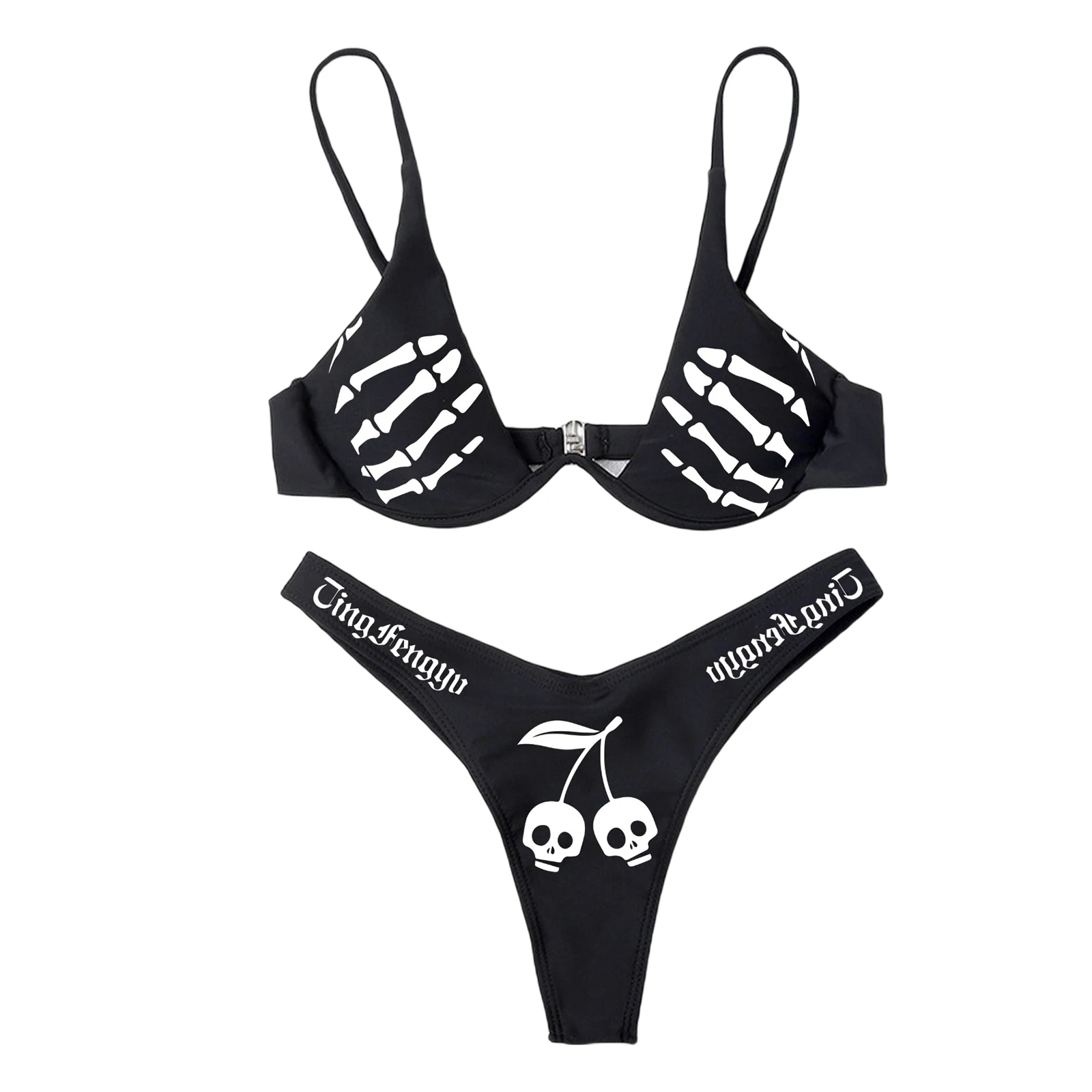 Summer Women Split Swimsuit Set Ladies Sexy Skull Print Deep V Neck