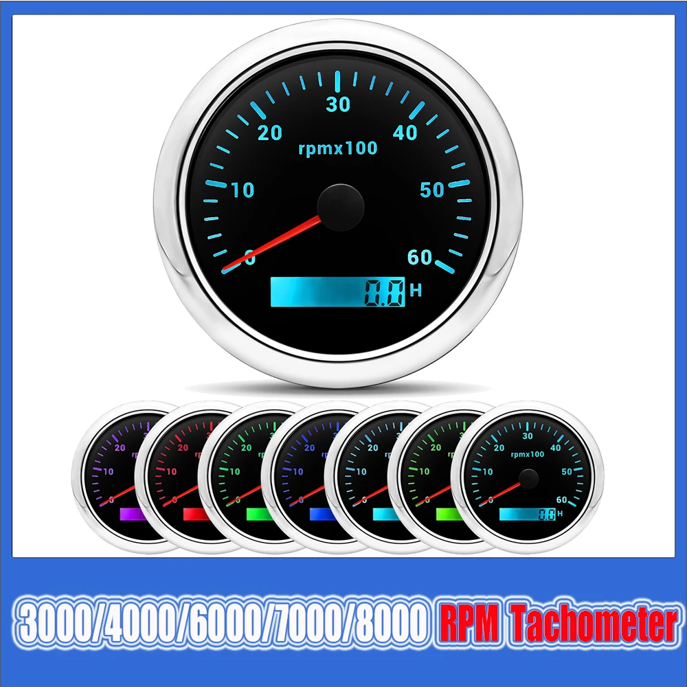 85MM Digital Tachometer 3000/4000/6000/7000/8000 RPM 7Colors Backlight ...
