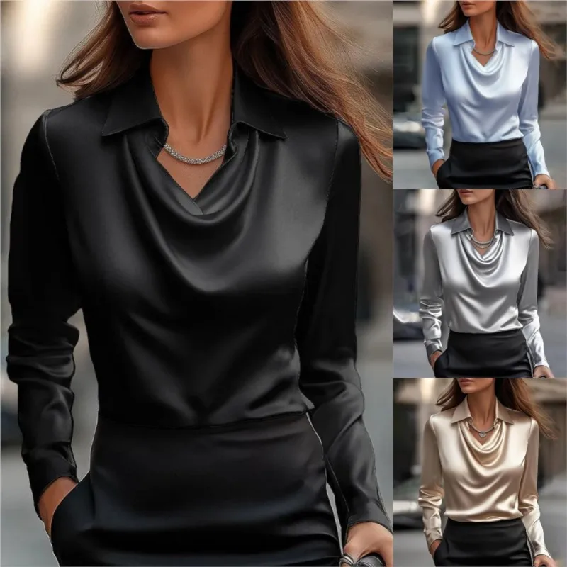 2025 New Satin Women Shirt Vintage Long Sleeve Blouse Silk Elegant ...