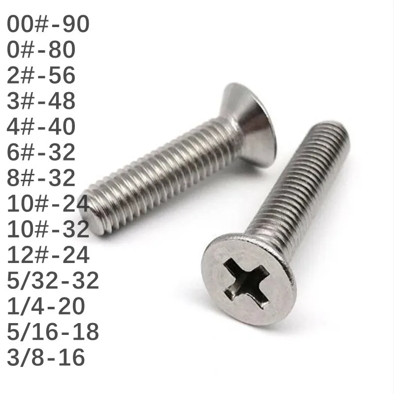 50PCS 2#-56 4#-40 6#-32 8#-32 10#-24 304 UNC UNF Countersunk Head Fine ...