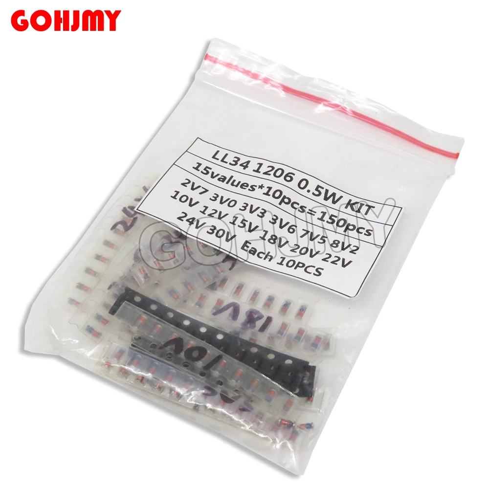 15Value *10pcs=150pcs LL34 SMD Zener Diode Assorted Kit 0.5W 2.7V-30V ...