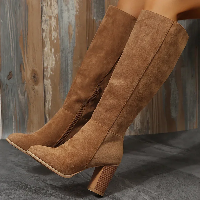 Women-Suede-Knee-High-Boots-Ladies-Solid-Pointed-Toe-High-Heel-Boots ...