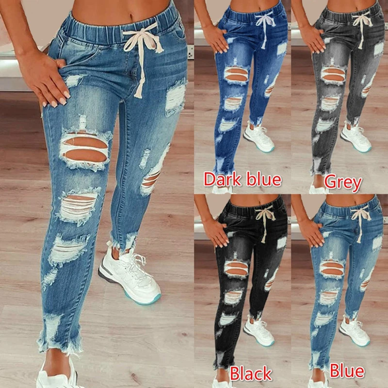 Drawstring Denim Jeans For Women Ripped Hole Stretch Jean Ladies Full ...
