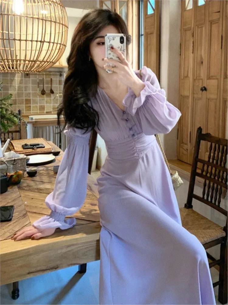 여성용 빈티지 레이스 패치워크 요정 드레스 꽃 무늬 프렌치 드레스 섹시하고 우아한 V넥 프린트 파티 드레스 봄 신상