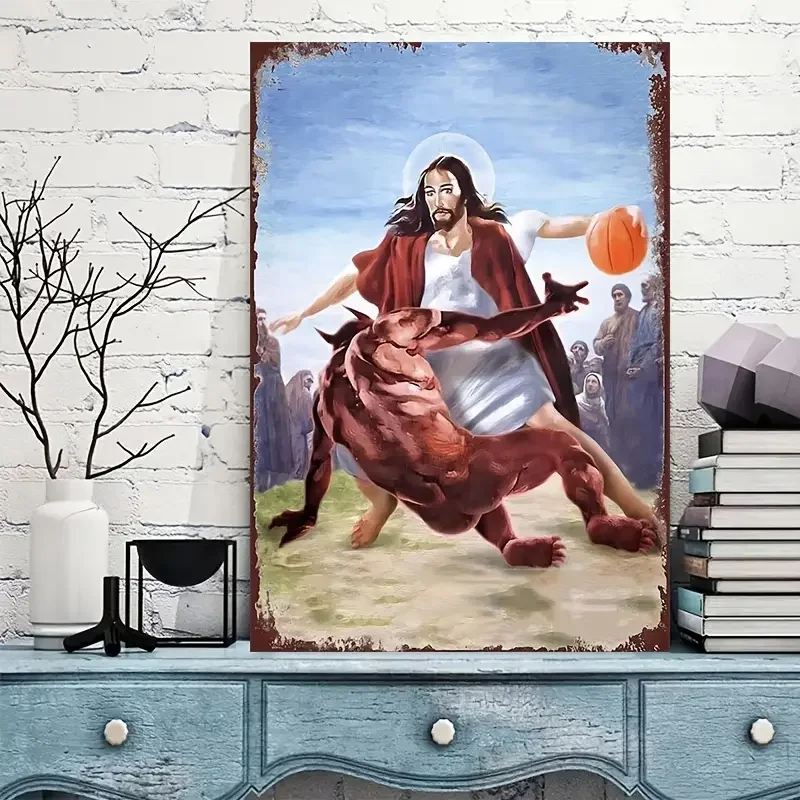 1pc Canvas Painting Jesus In Basketball Poster Fun Wall Home For Bar ...