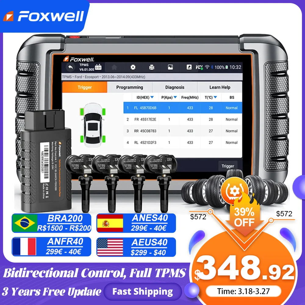 FOXWELL NT809TS OBD2 Scanner Bluetooth Car Tpms Diagnostic Tools Automotive Scanner All System ...