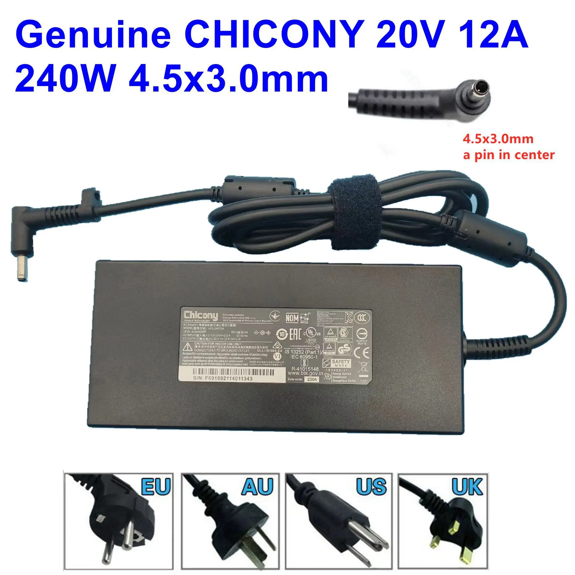 Genuine CHICONY 20V 12A 240W 4.5x3.0mm AC DC Power Adapter A20-240P2A ...