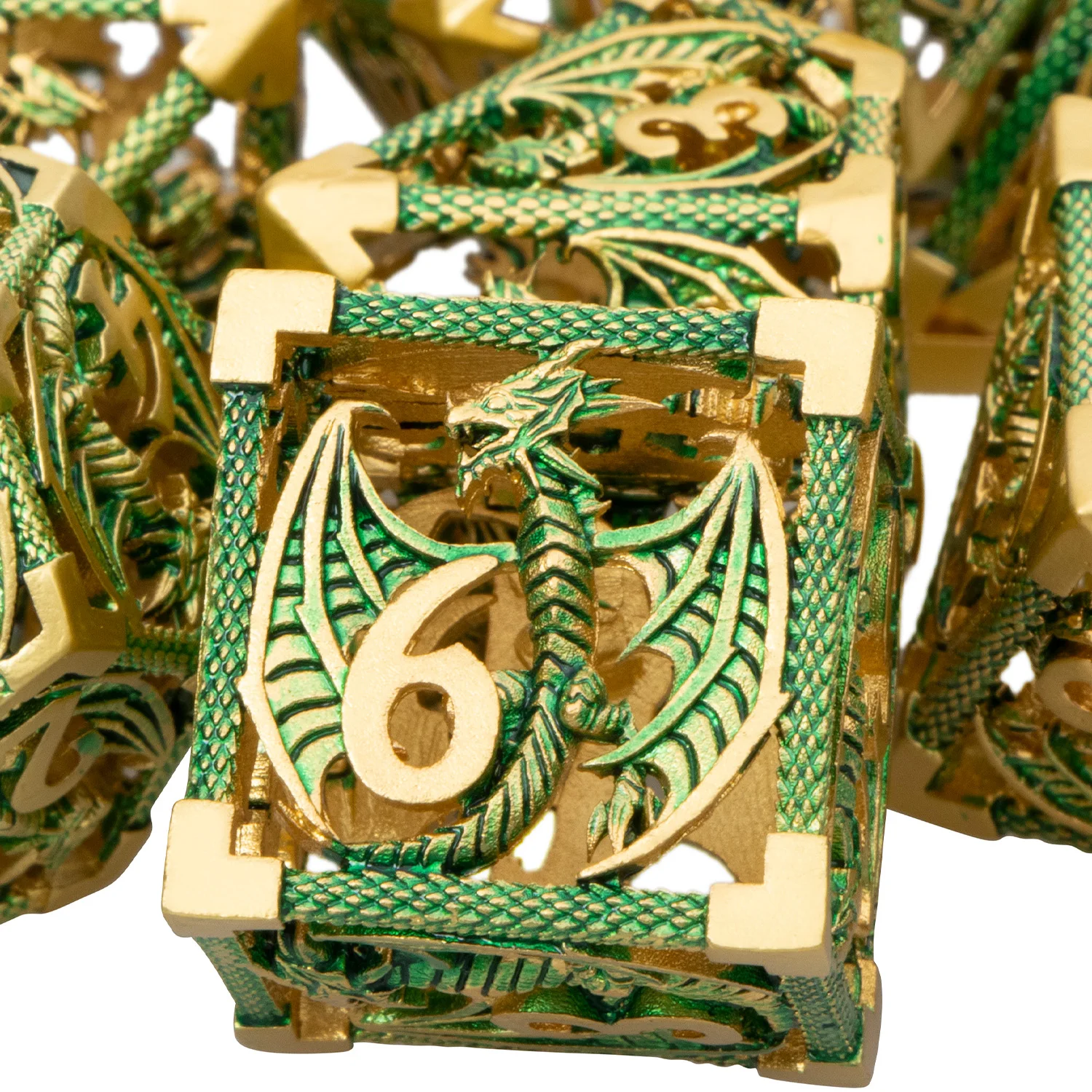 Dnd-D20-Green-Metal-Polyhedral-RPG-D6-Hollow-Dragon-D-and-D-Dice-Set ...