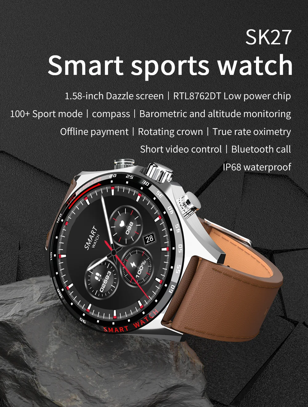 SK27 Business Smart Watch Men 1.58inch Bluetooth Call Compass NFC ...