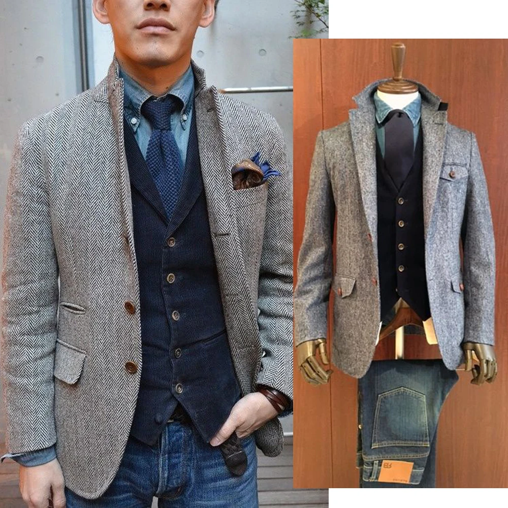 Autumn Mens Tweed Jacket Coat Herringbone Blazer 2 Piece Casual Male ...