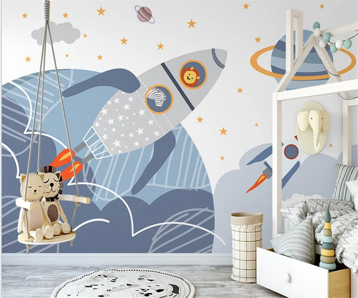 Custom-Nordic-hand-painted-space-rocket-cartoon-children-s-room ...