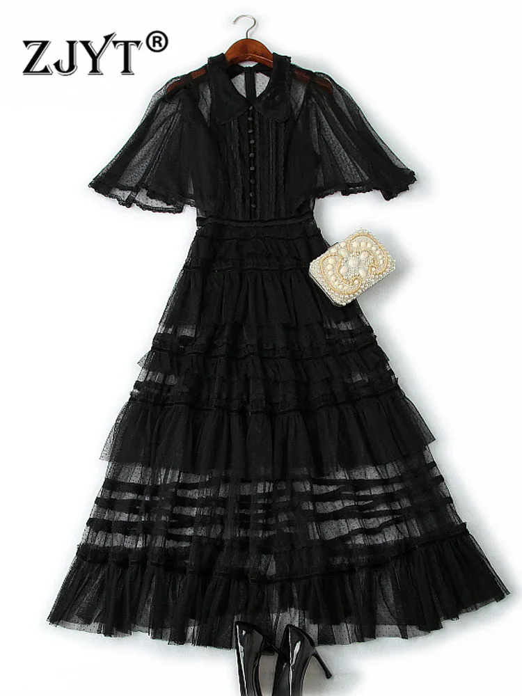 ZJYT Elegant See Through Black Mesh Party Dresses for Women Spring ...