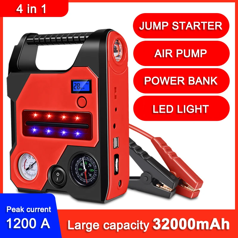 자동차 점프 스타터 파워 뱅크 32000mah 공기 펌프 공기 압축기 비상 자동 배터리 부스터 시동 장치 4 In 1