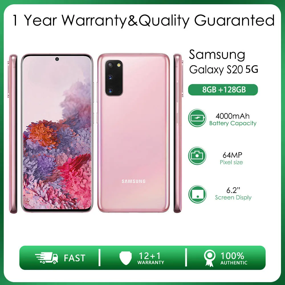 오리지널 잠금 해제 삼성 갤럭시 S20 5G G981U G981B, 8GB RAM, 128GB ROM, 64MP, 6.2 인치, 4000mAh, 안드로이드 9 지문 스마트폰 ...