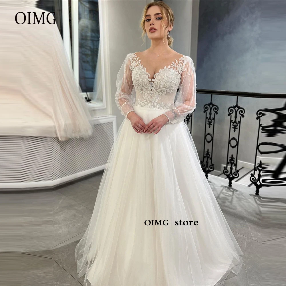 OIMG Vintage Sheer Jewel Neck Plus Size Wedding Dresses Puff Long ...