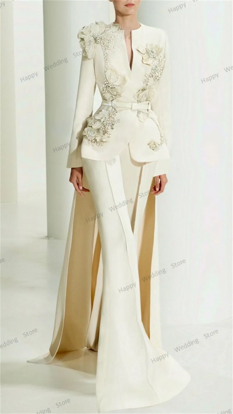 Women Suits Set For Wedding 2 Pieces Blazer With Train+Pants Beads 3D ...