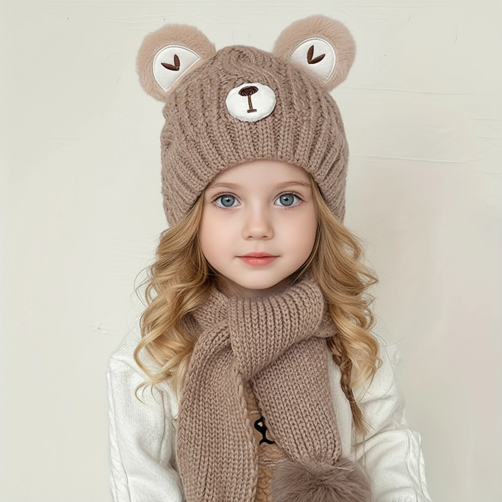 Spring Fall Winter Kids Hat Scarf with Bear Ears Cute Warm Knitted ...