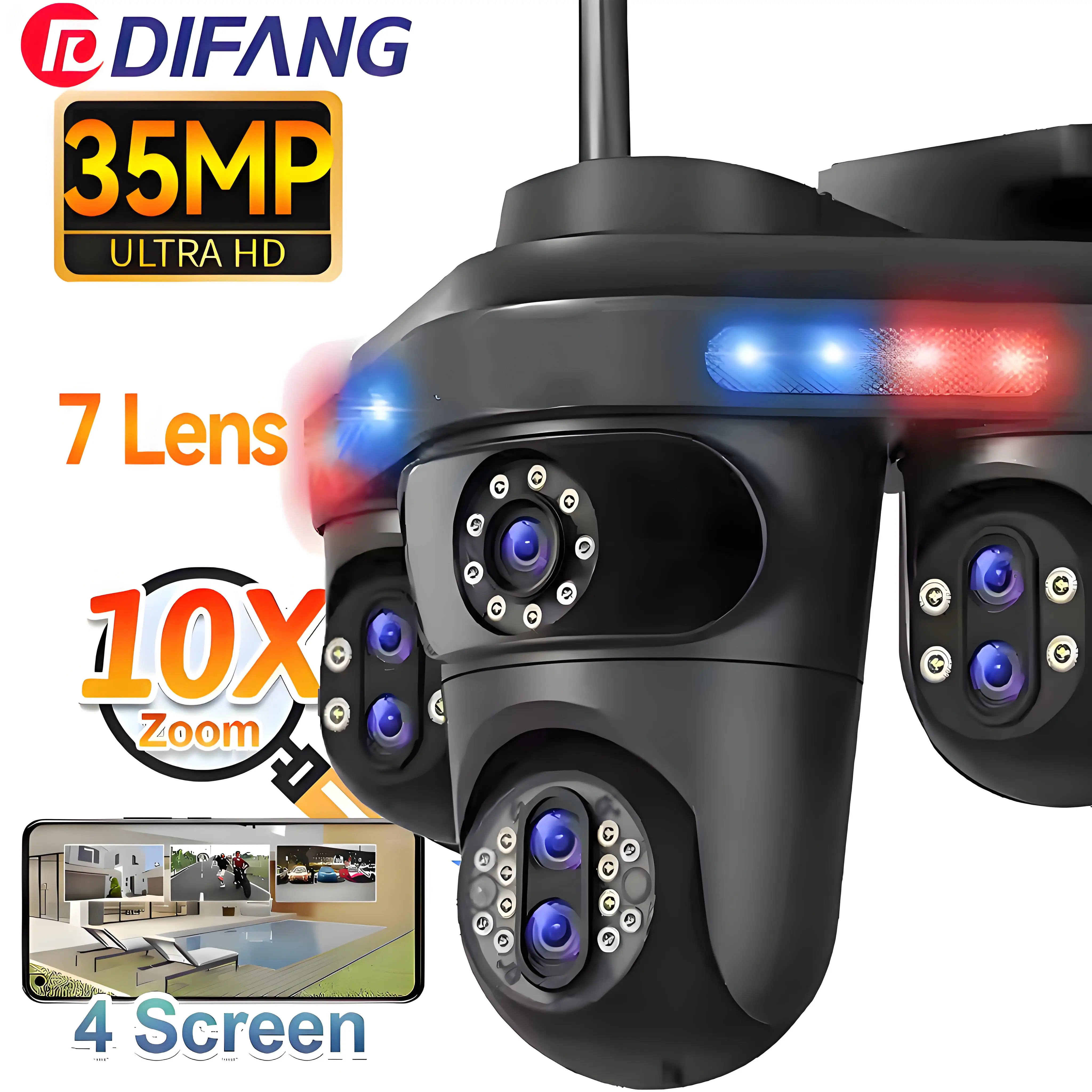 35MP Four Screens WiFi Security Camera Seven Lens Three PTZ 10X Optical ...