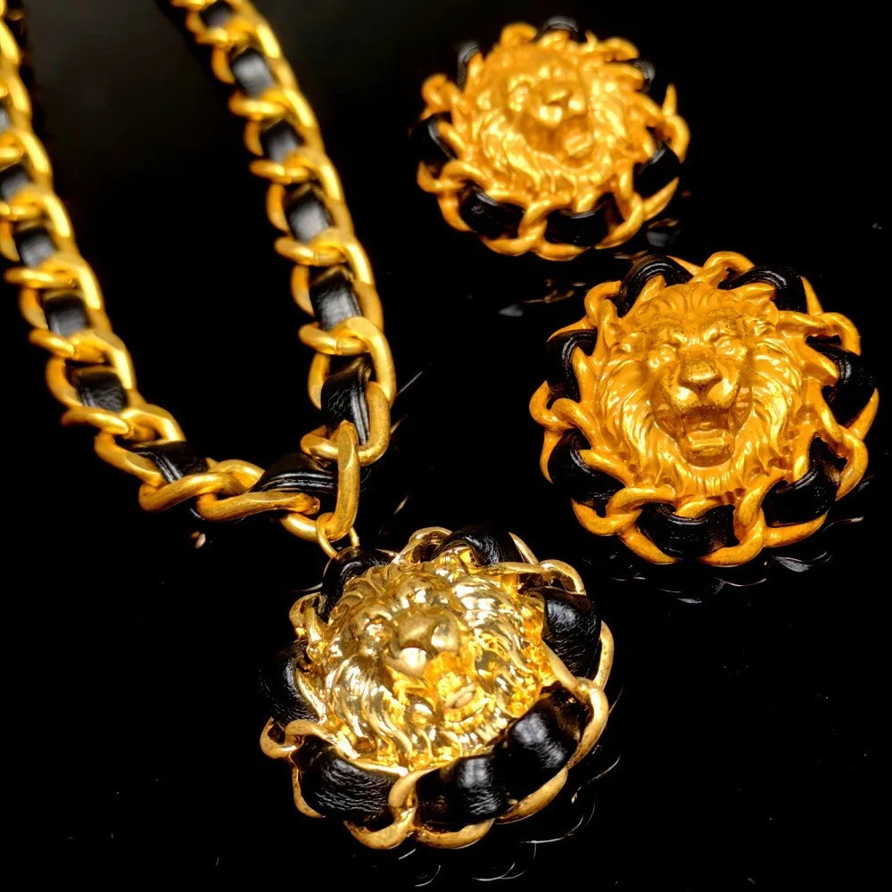 vintage-Glass-Personality-Lion-Head-Set-earrings-Long-pearl-glass-multi ...