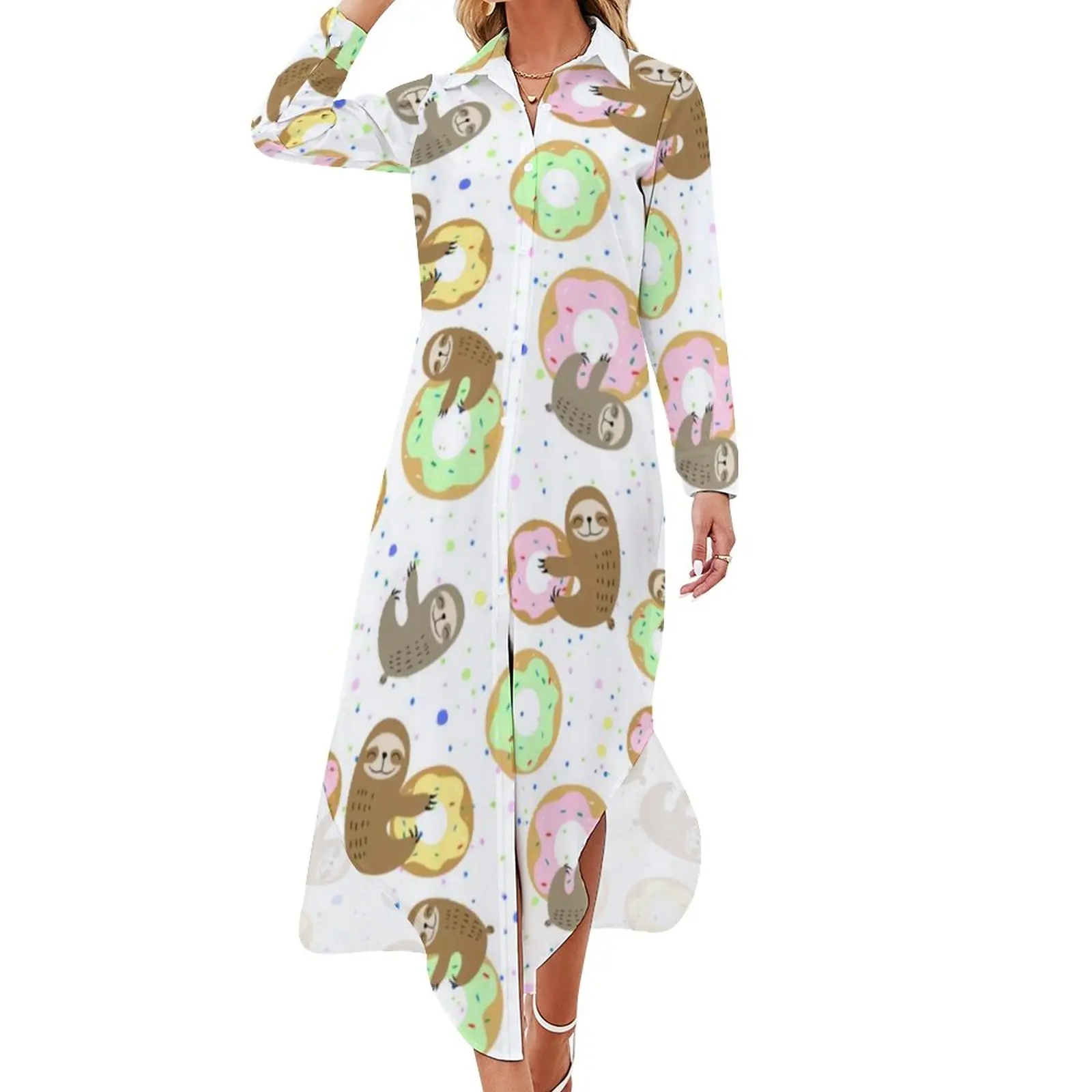 Sprinkle-Doughnut-Print-Chiffon-Dress-Sexy-V-Neck-Cute-Sloth-Pattern ...