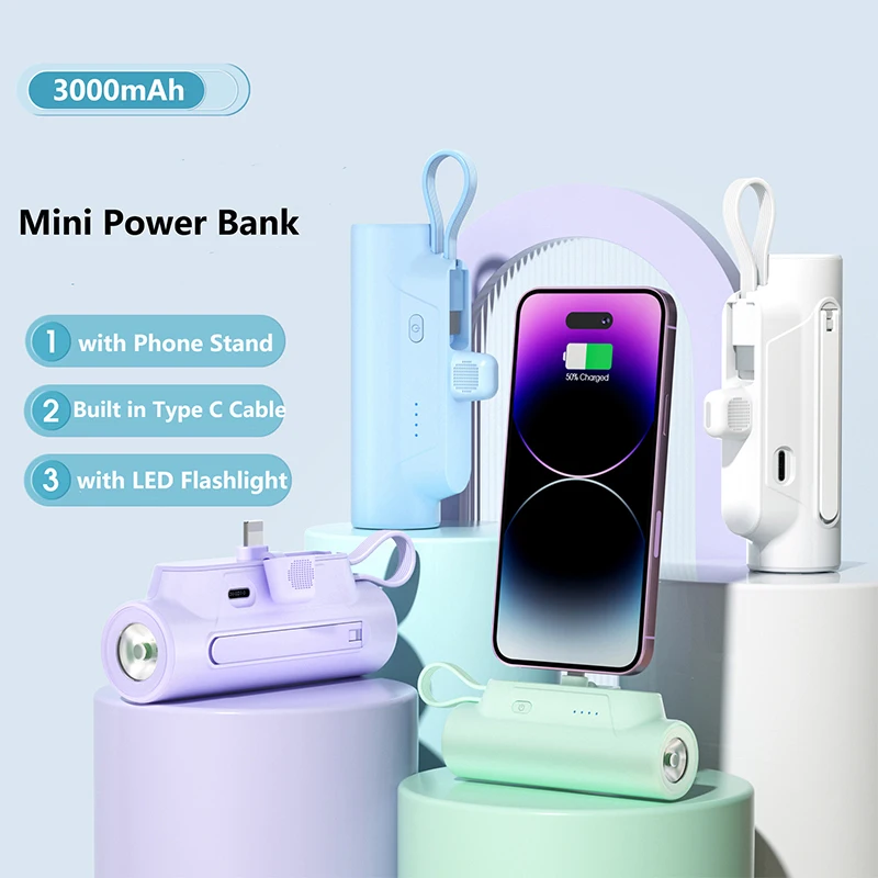 Mini-Power-Bank-3000mAh-Portable-Charger-Powerbank-with-Cable-LED-Light ...