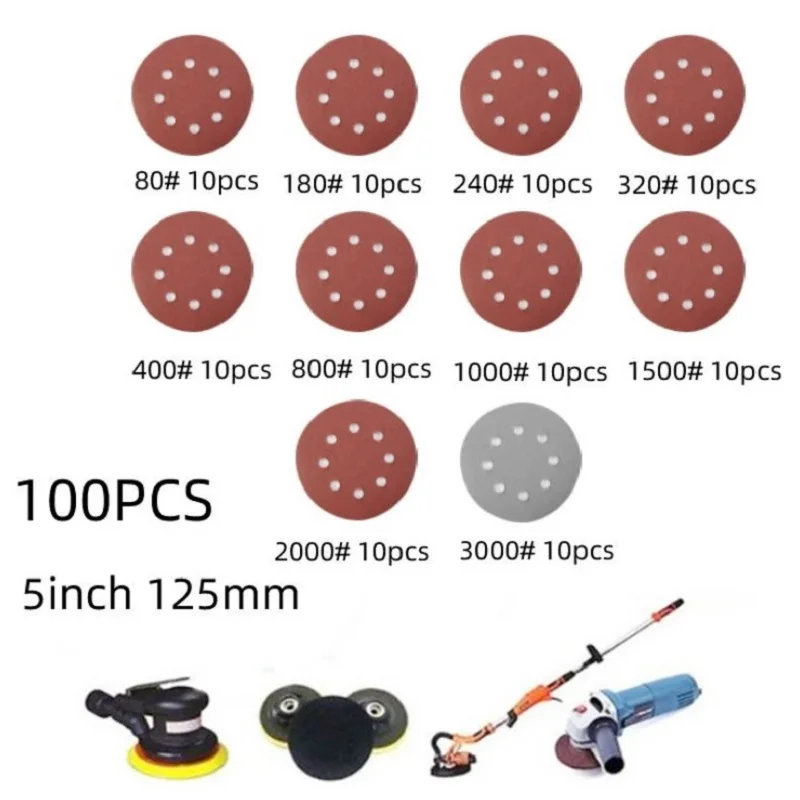 100Pcs-125mm-8-Hole-Sanding-Discs-Hook-Loop-Adhesive-Sandpaper-80Grit ...