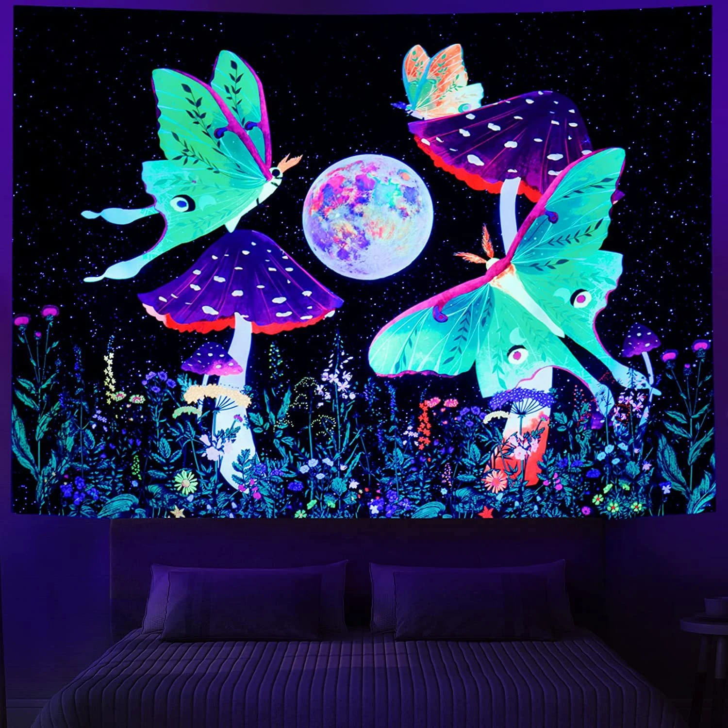 Psychedelic Black Light Mushroom Flourescent Tapestry Wall Hanging ...