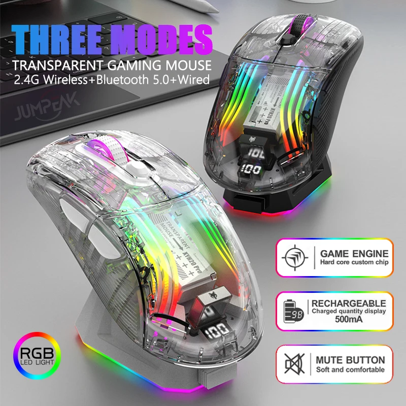 JUMPEAK-Transparent-RGB-Gaming-Mouse-Bluetooth-Wireless-Wired-Digital ...