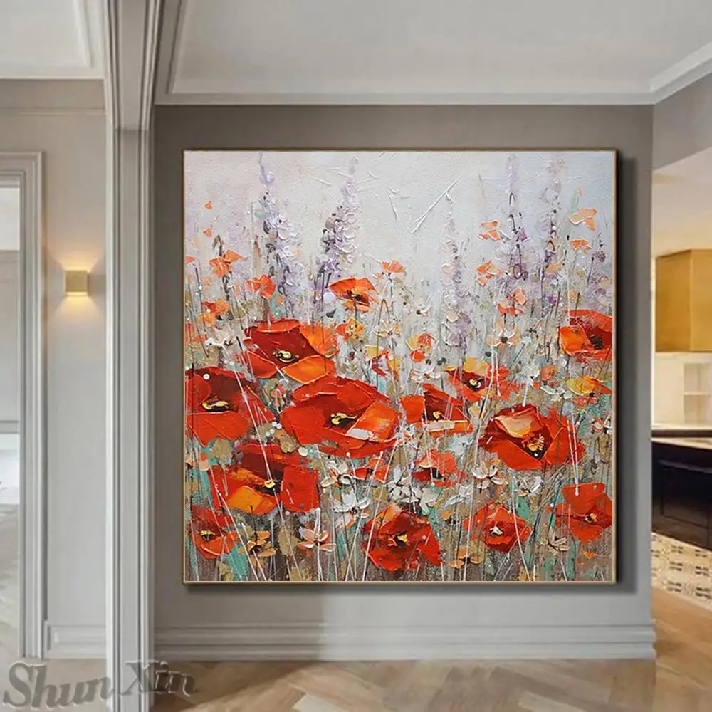 Handmade-Nordic-Red-Flower-Oil-Painting-On-Canvas-For-Living-Room ...