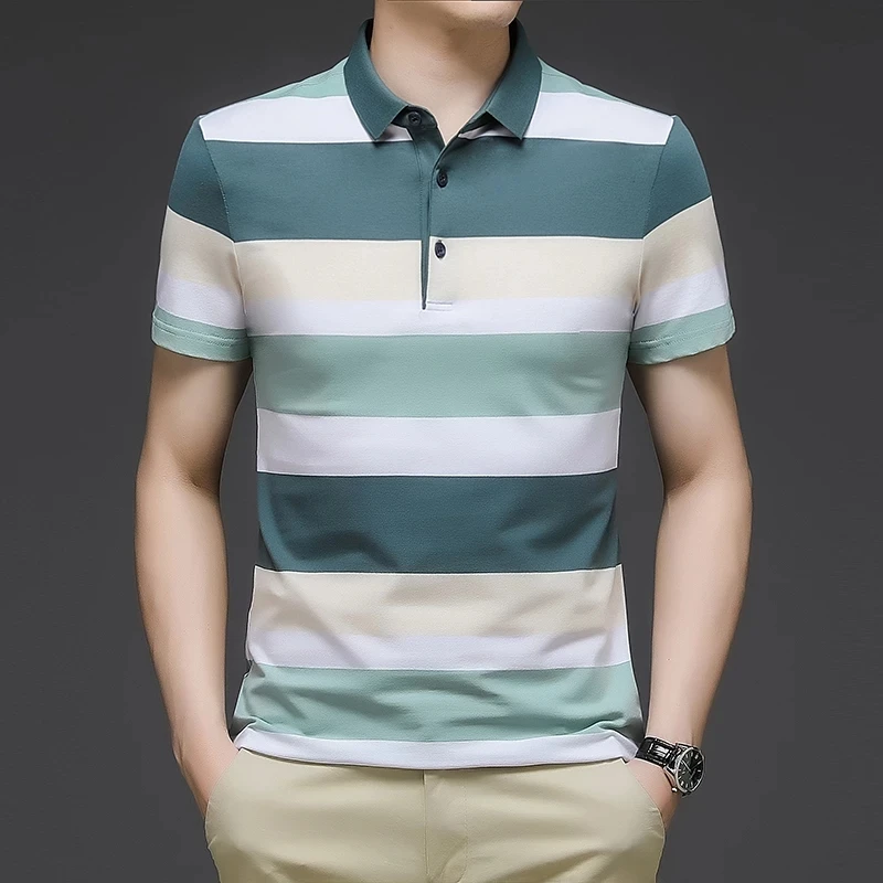Summer-Striped-Men-s-Lapel-Short-Sleeve-Cotton-Slim-Fit-Casual-Top-T ...