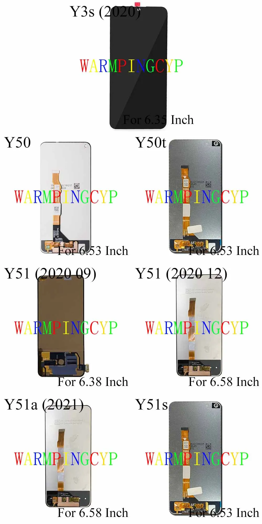Montaje (pantalla táctil + LCD) para vivo Y3s (2020), Y50t, Y51a, 09, 12) (2021), Y51s, V1901A ...