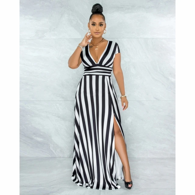 Black And White Vertical Striped Maxi Dress