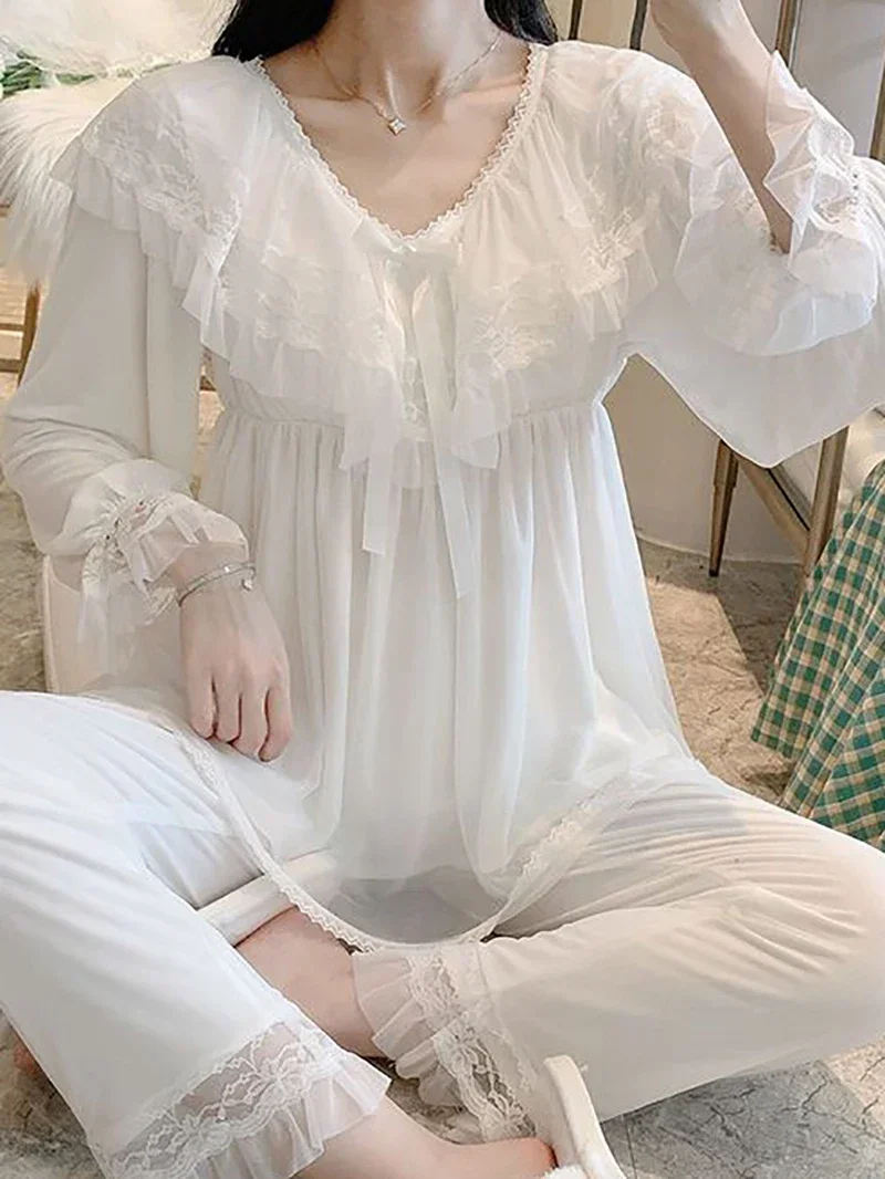 Women Fairy Ruffles Modal Lace Victorian Pajamas Loungewear Two Piece ...