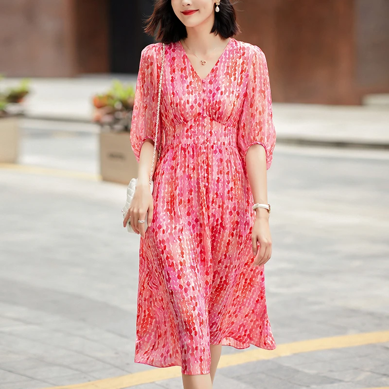 Vestido-largo-de-seda-aut-ntica-para-mujer-traje-elegante-con-cuello-en ...