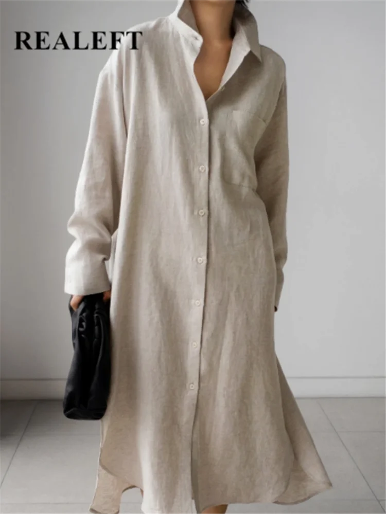 REALEFT-2024-New-Spring-Summer-Cotton-Linen-Women-s-Shirts-Dresses-Side-Split-Single-Breasted ...