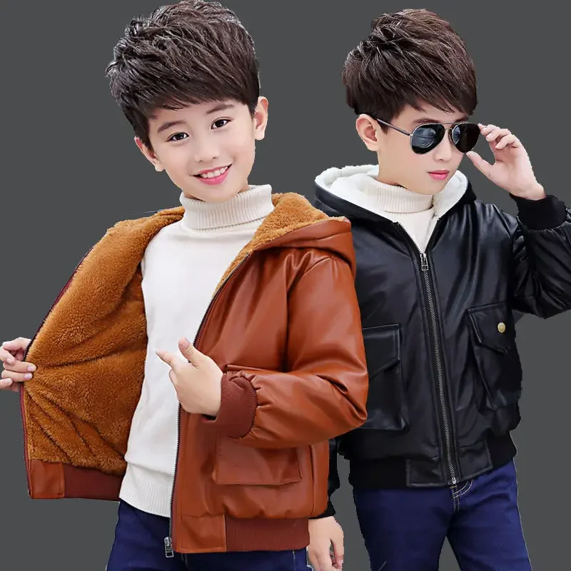 6 9 10 11 12 Years Children Boys Girl Hooded Fur Zipper Biker Leather ...