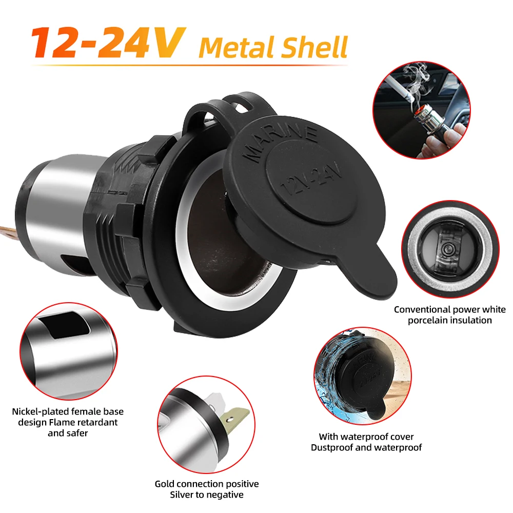 12V/24V Auto Car Motorcycle Cigarette Lighter Power Plug Socket with ...