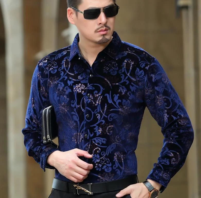 High-Quality-Dress-Luxury-Brand-Mens-Velvet-Shirts-Formal-Pattern-Black ...