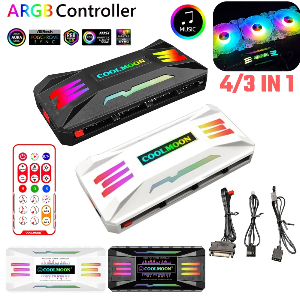COOLMOON ARGB Controller 4Pin PWM 5V 3Pin Aura Sync 4 in 1/3 in 1 ...