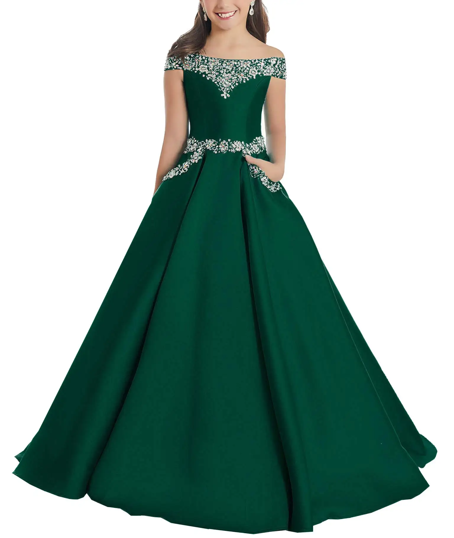 Emerald-Green-Pageant-Dresses-Pockets-Off-Shoulder-Flower-Girl-Dress ...
