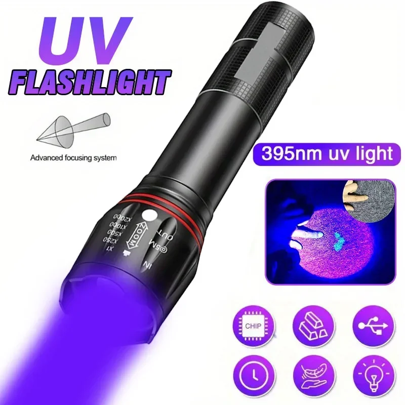 T6 LED UV Flashlight USB Rechargeable Zoomable Lantern for Ink Dryer ...