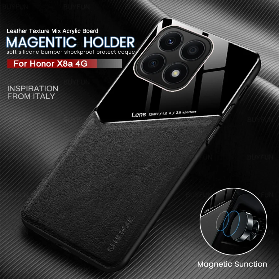 HonorX8a Case Leather Texture Car Magnetic Holder Back Cover For Honor ...