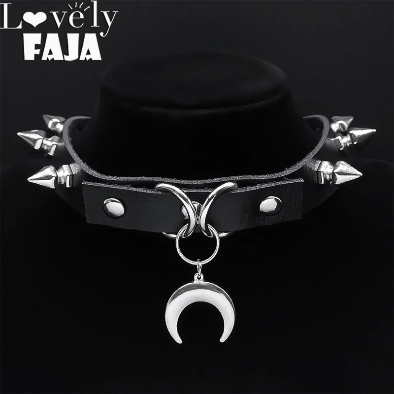 Punk-Crescent-Moon-Harajuku-Choker-Goth-Rivet-Necklace-Stainless-Steel ...