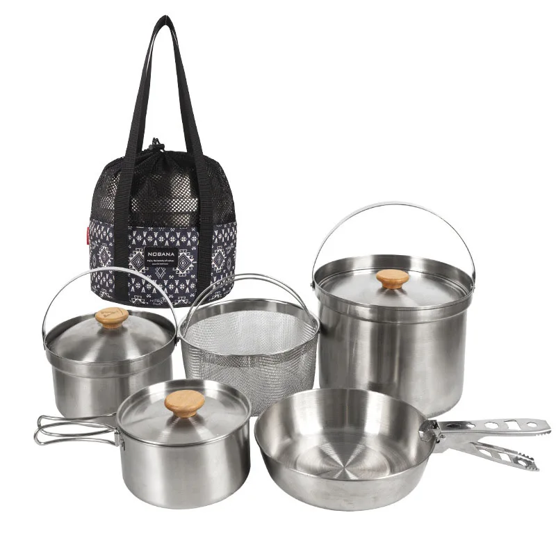 5Pcs-Outdoor-Stainless-Steel-Pot-Set-Portable-Camping-Picnic-Campfire ...