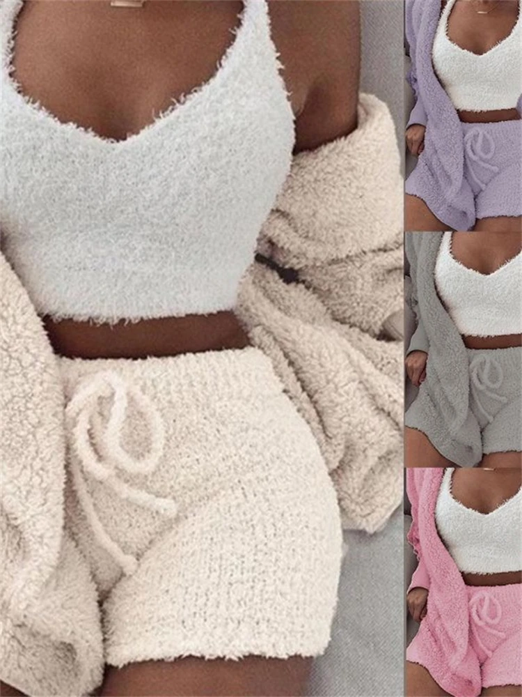 Lounge Sets Winter 3 Piece Fluffy Outfits Plush Sexy Backless Fleece ...