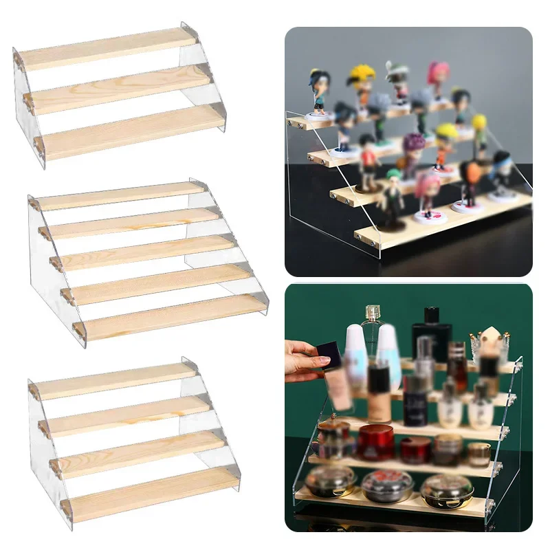 3-5 Tier Acrylic Transparent Base Solid Wood Display Stand Stepped Toys ...