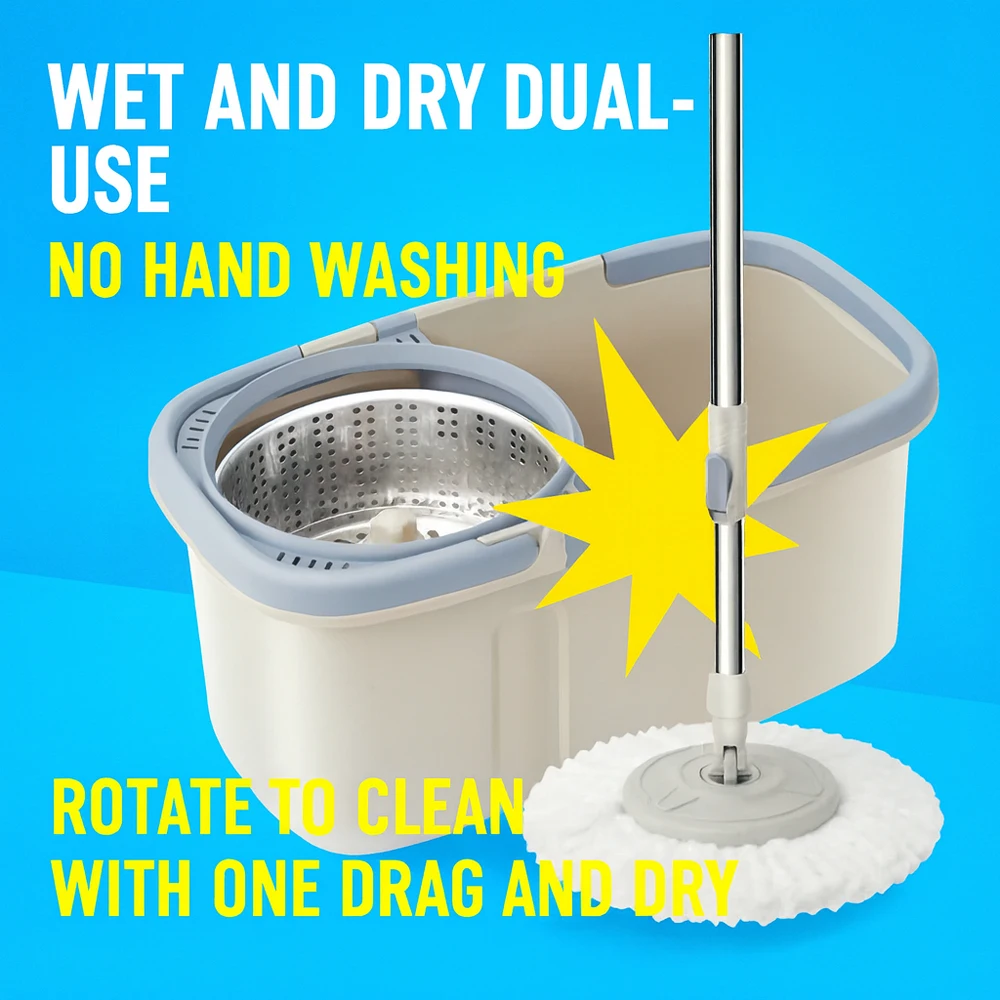 Self-Wringing Spin Mop With Bucket/Dual-Drive Hand Press System/Wet Dry ...