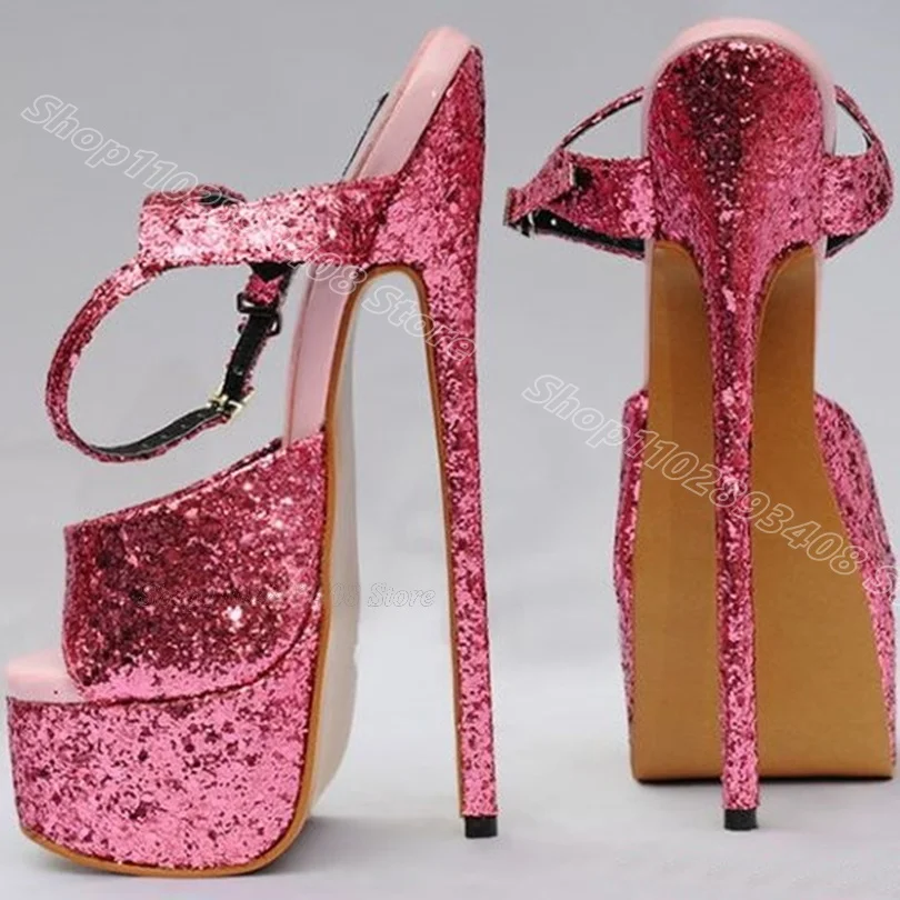 Glitzer-rosa-Plattform-Kn-chel-Schnalle-Sandalen-offene-Zehen-Stiletto-Sommer-britischen-Stil ...